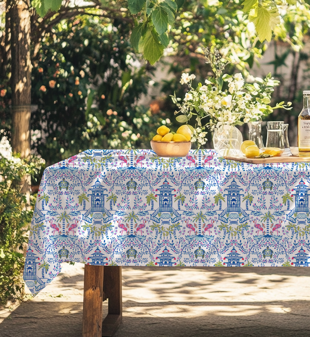 Colorful Coastal Chinoiserie Tablecloth - Mahjong Hosting